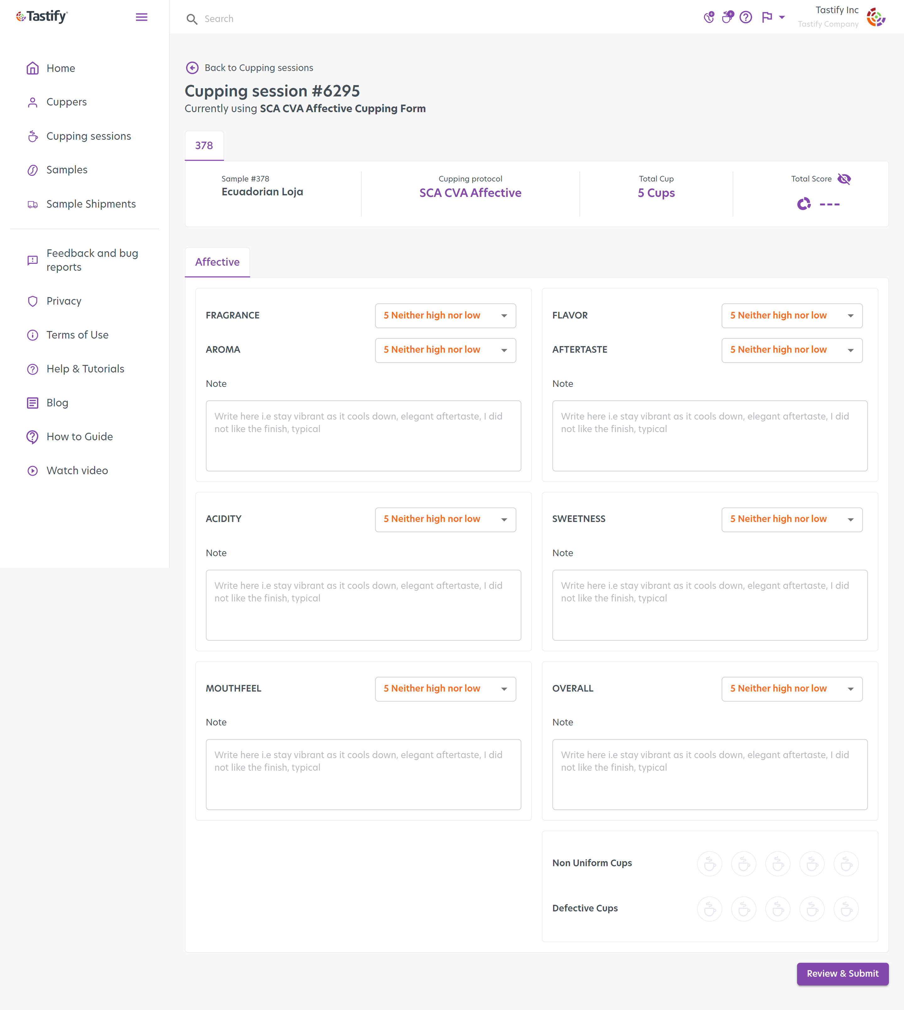 Cupping Form: SCA CVA Affective – Tastify